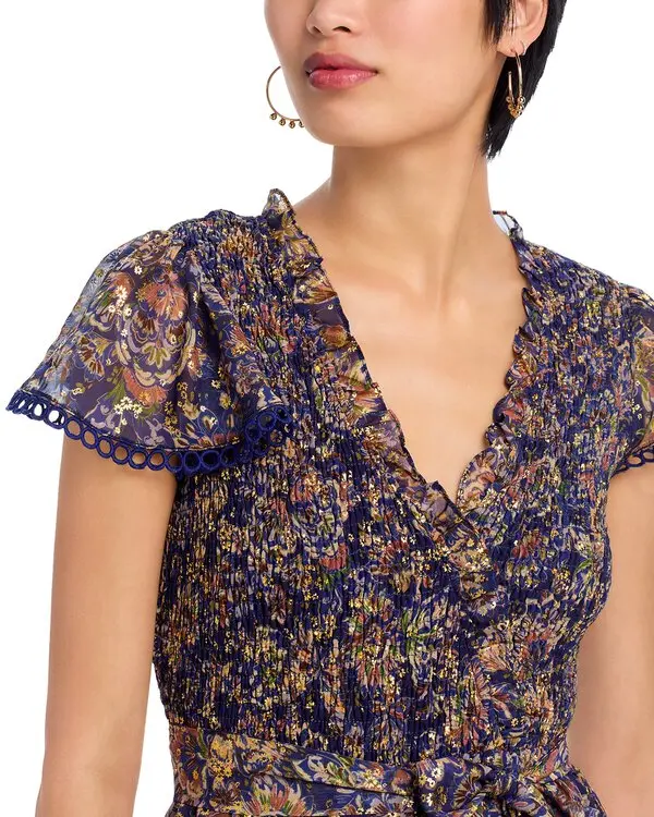 Aqua Metallic Floral Print Midi Dress