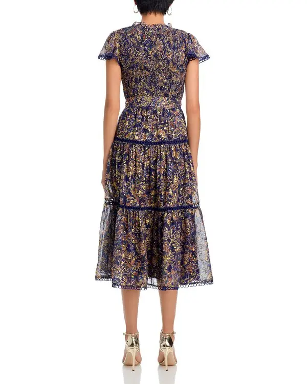 Aqua Metallic Floral Print Midi Dress