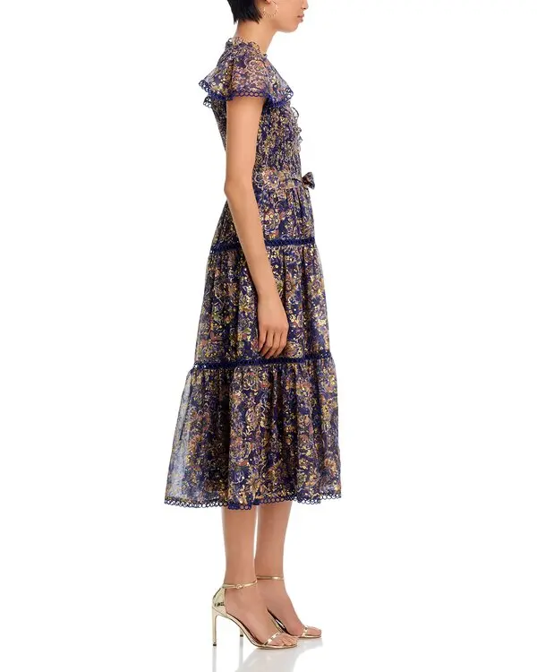 Aqua Metallic Floral Print Midi Dress