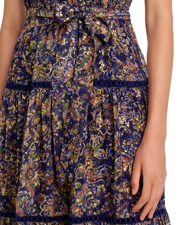 Aqua Metallic Floral Print Midi Dress