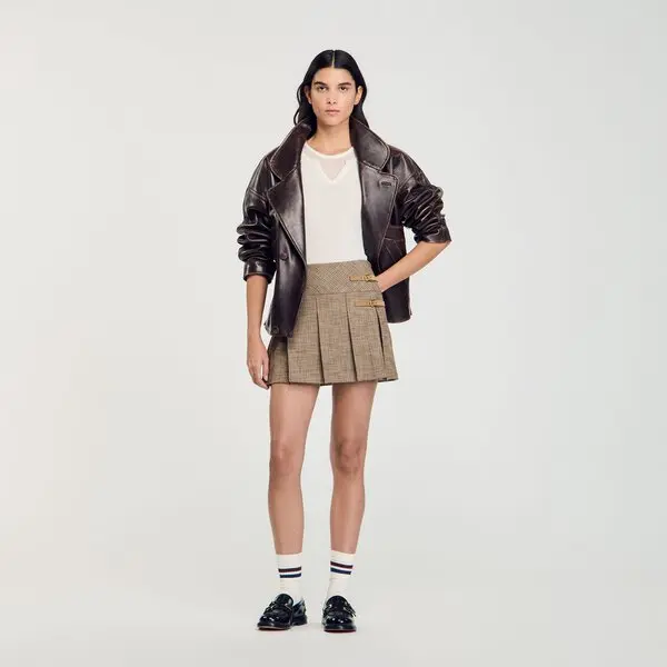 Sandro Pleated Houndstooth Mini Skirt