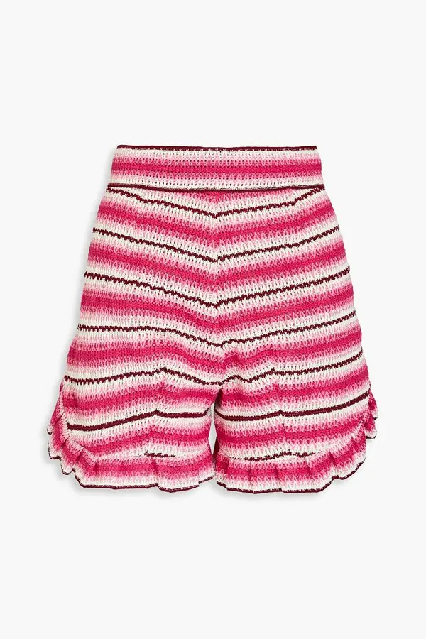 PatBO Ruffled Striped Crocheted Shorts
