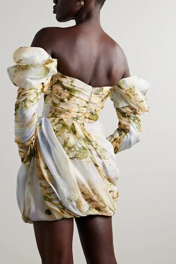 zimmermann off the shoulder floral dress Luminosity Off-the-shoulder Draped Floral-print Mini Dress