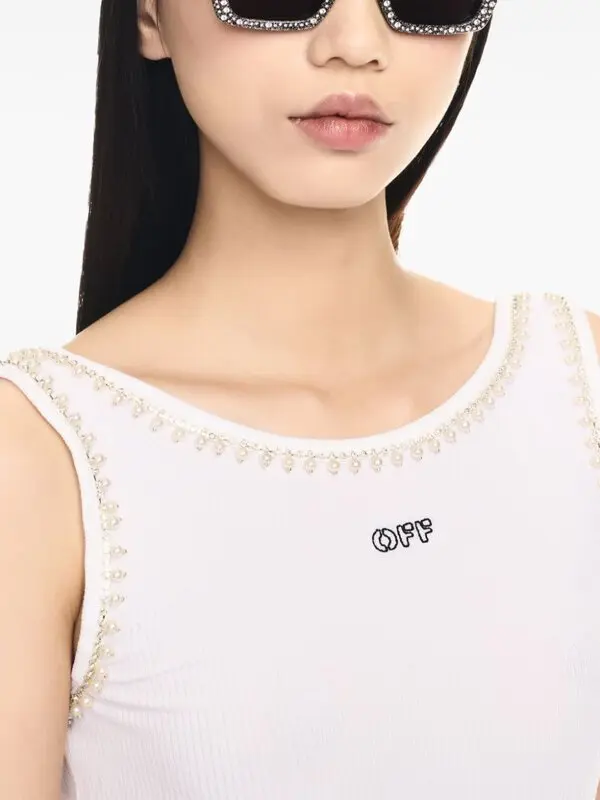Off-White Pearl-embellished Ribbed Tank Top - White