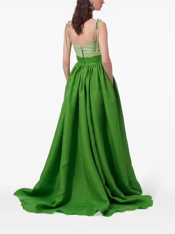slim fit dress slacks Carolina Herrera Turquoise Draped Chain Link Halter Gown