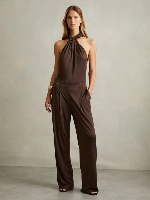 REISS Claudia Jersey Halter Neck Wide Leg Jumpsuit - Chocolate