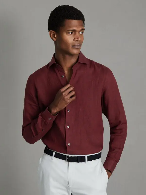 REISS Ruban Linen Button-through Shirt - Pecan Brown