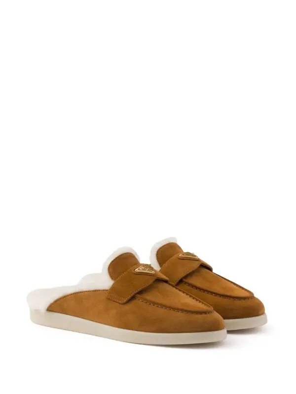 Prada Logo-appliqué Suede Mules - Brown