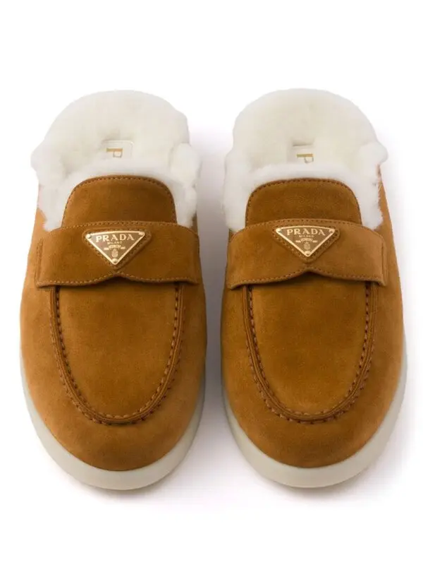 Prada Logo-appliqué Suede Mules - Brown