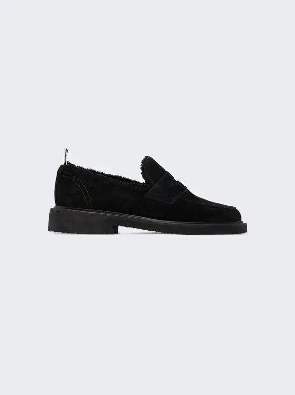 Thom Browne Suede Crepe Sole Shearling Penny Loafer - Black