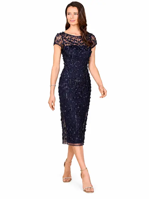 LARA NEW YORK 3d Applique Midi Dress With Cap Sleeves - Navy