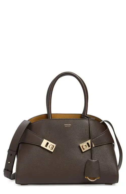 FERRAGAMO Small Hug Grained Leather Top Handle Satchel - Burnt Ocra