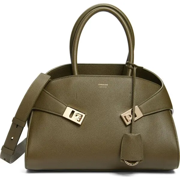 FERRAGAMO Small Hug Grained Leather Top Handle Satchel - New Olive