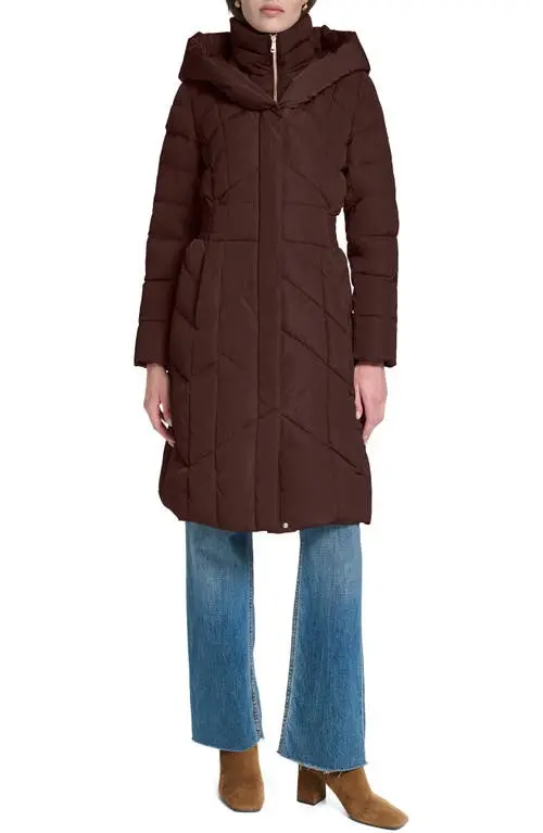 Cole Haan Taffeta Puffer Coat With Quilted Zip Bib - Chocolate