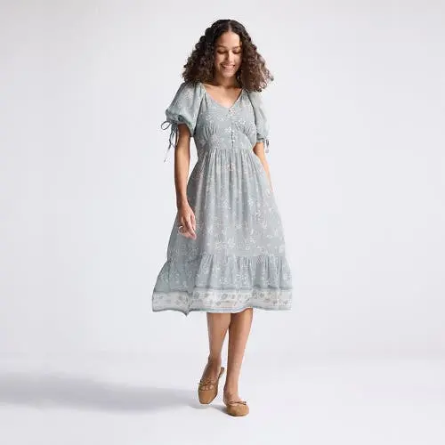 REISTOR Puff Sleeve Floral Midi Dress