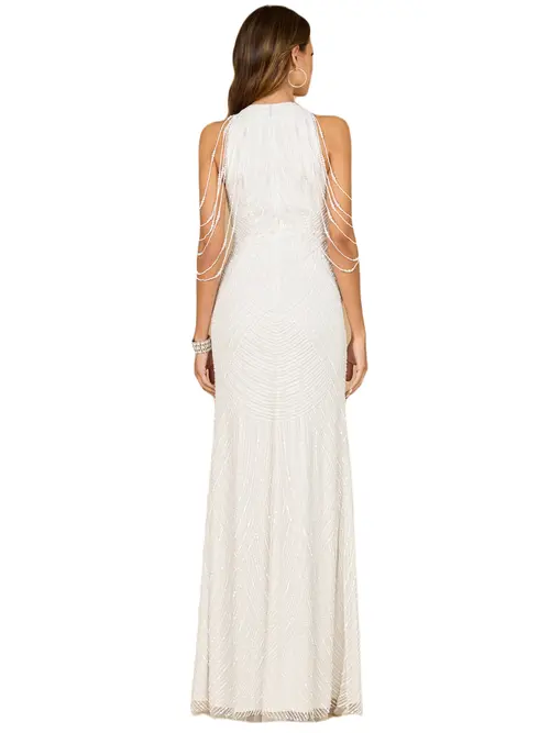 LARA NEW YORK Halter Neck Beaded Gown With Fringe