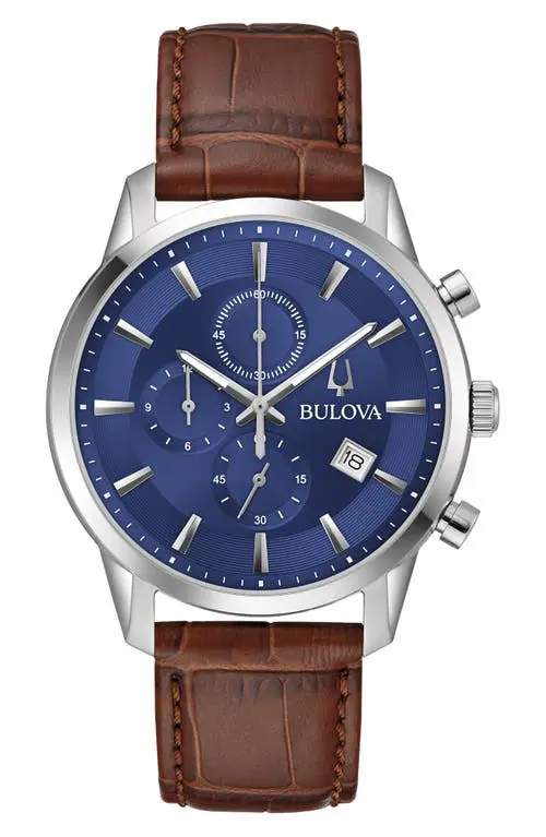 Bulova Sutton Leather Strap Chronograph Watch - Silverone