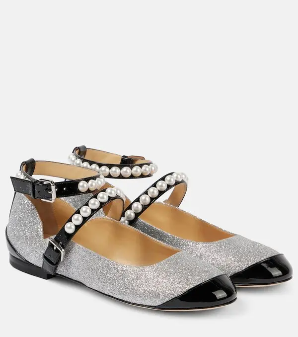 Mach & Mach Embellished Glitter Mary Jane Flats - Silver