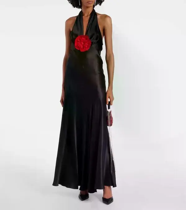 RODARTE Silk Satin Maxi Dress With Appliqu - Black