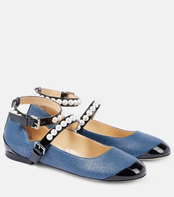 Mach & Mach Embellished Denim Mary Jane Flats - Blue