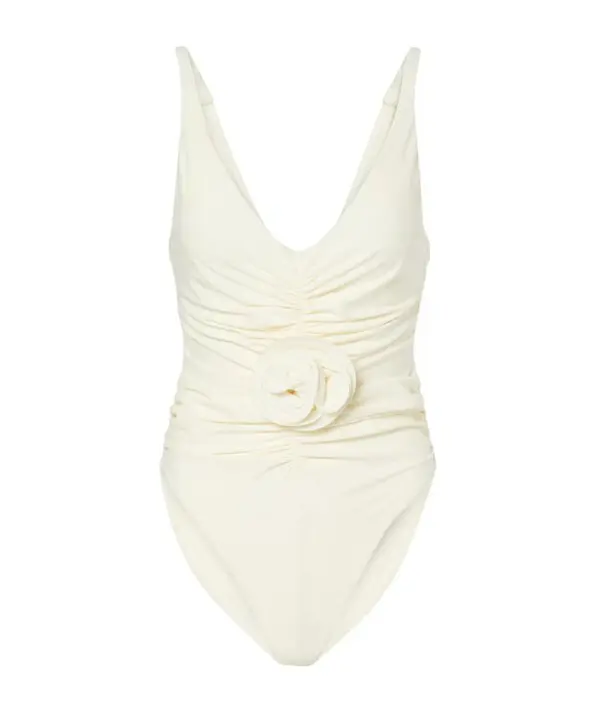 Magda Butrym Floral-appliqué Ruched Swimsuit - White