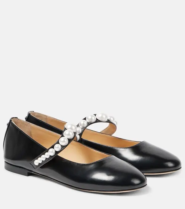 Mach & Mach Embellished Leather Mary Jane Flats - Black