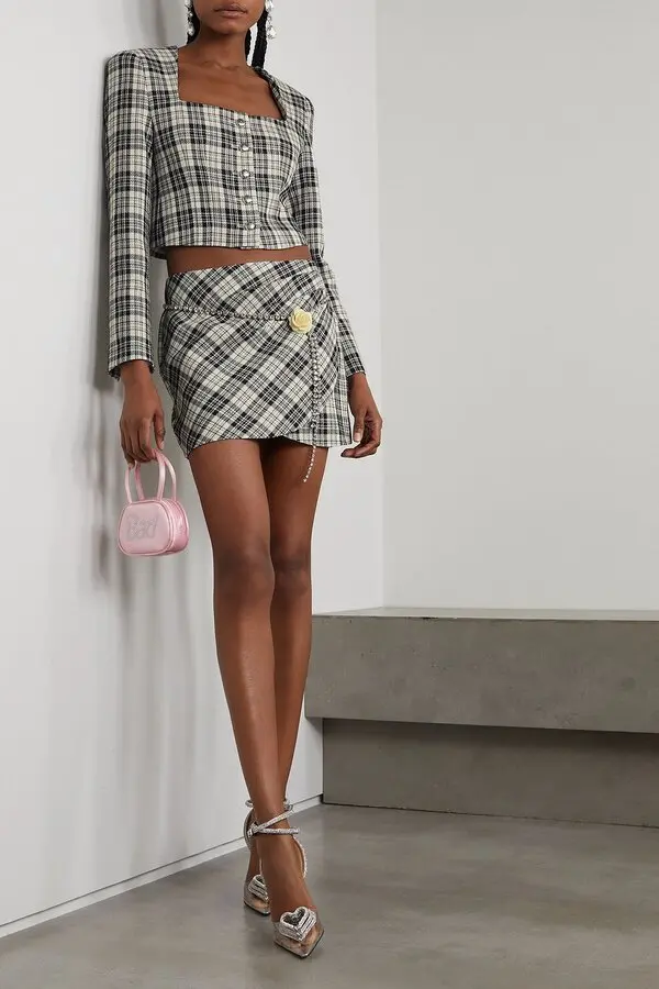 Alessandra Rich Cropped Prince Of Wales Checked Wool Jacket