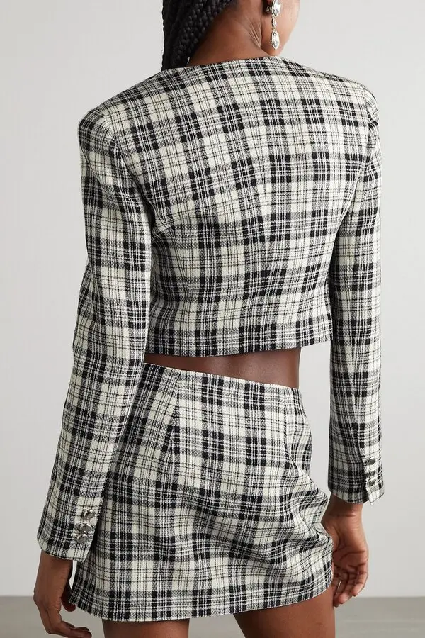 Alessandra Rich Cropped Prince Of Wales Checked Wool Jacket