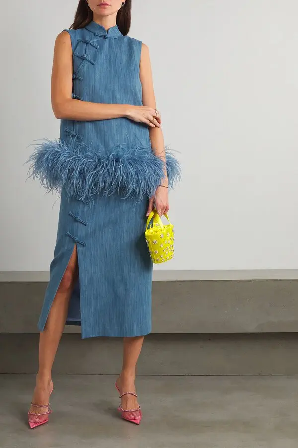 Huishan Zhang Yubi Feathertrimmed Knotted Cottonblend Chambray Top In Mid  Denim - 70% Off | Editorialist