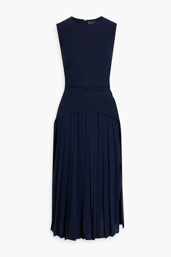 Oscar De La Renta Belted Pleated Midi Dress In Navy - 50% Off | Editorialist