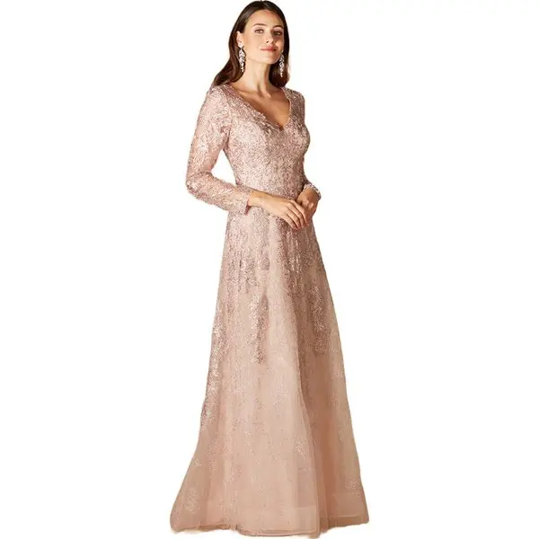 LARA NEW YORK Long Bell Sleeve V-neck Beaded Gown - Blush