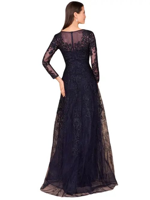 LARA NEW YORK Long Bell Sleeve V-neck Beaded Gown