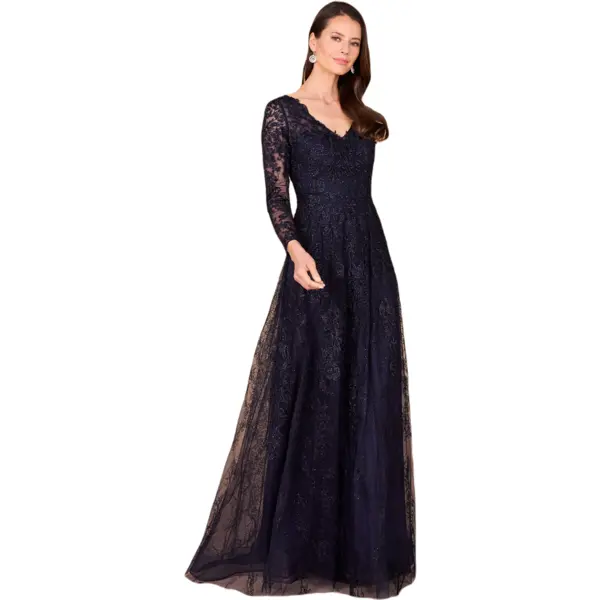 LARA NEW YORK Long Bell Sleeve V-neck Beaded Gown - Navy