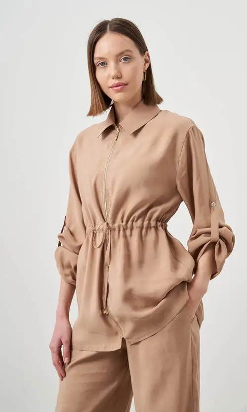 MIZALLE Cinched Waist Shirt Jacket - Beige