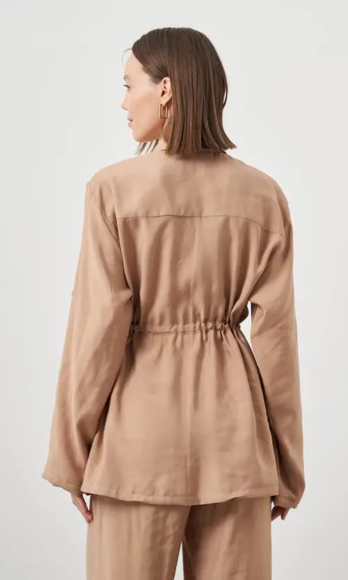 MIZALLE Cinched Waist Shirt Jacket - Beige