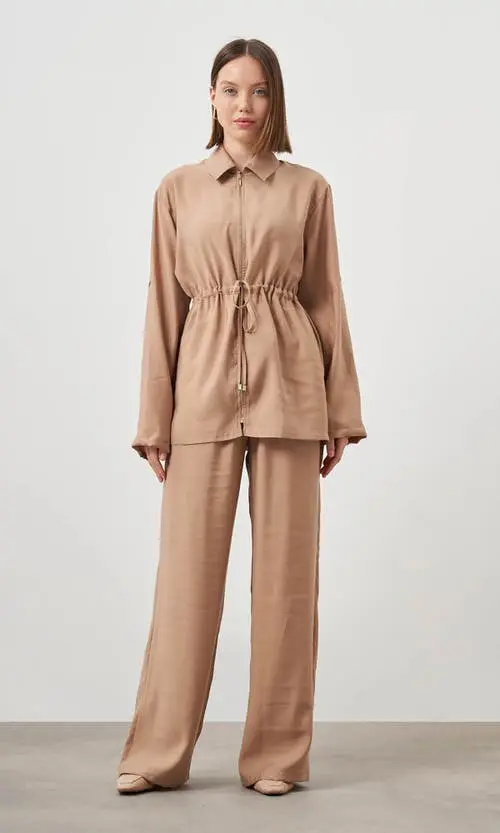 MIZALLE Modal Zippered Shirt Jacket With Cinched Waist - Beige