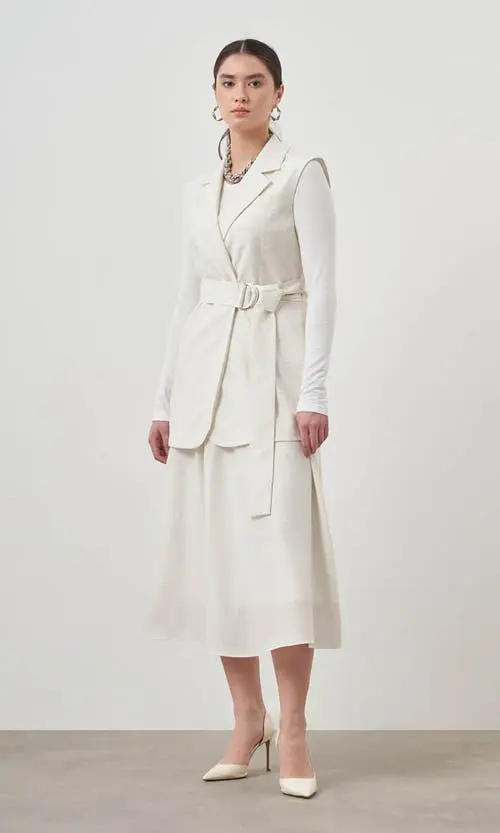 MIZALLE Belted Textured Vest - Ecru