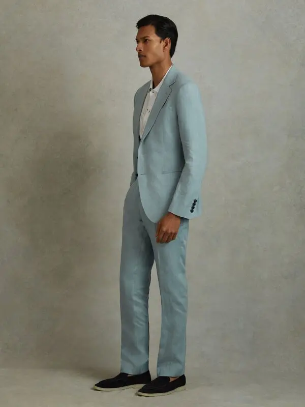REISS Kin Linen Tapered Trousers - Aqua Blue