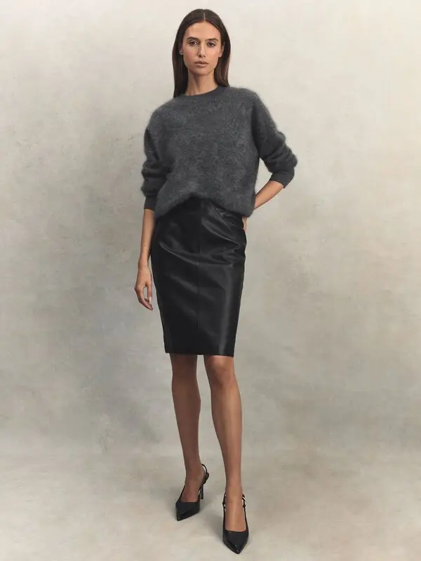 REISS Raya Leather Fitted Midi Skirt