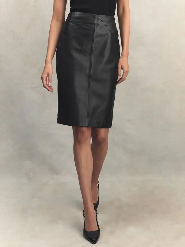 REISS Raya Leather Fitted Midi Skirt