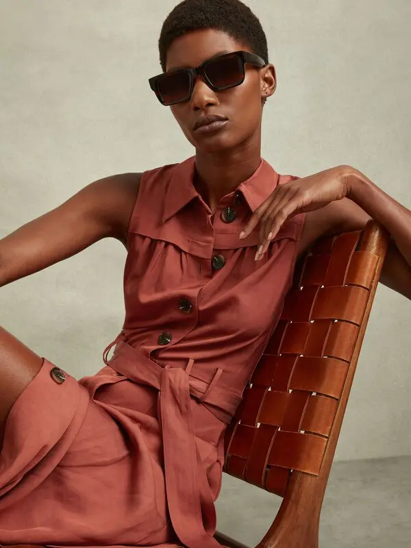REISS Heidi Viscose-linen Belted Midi Shirt Dress - Rust