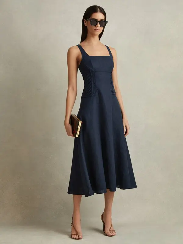 REISS Etta 100% Linen Corset Midi Dress