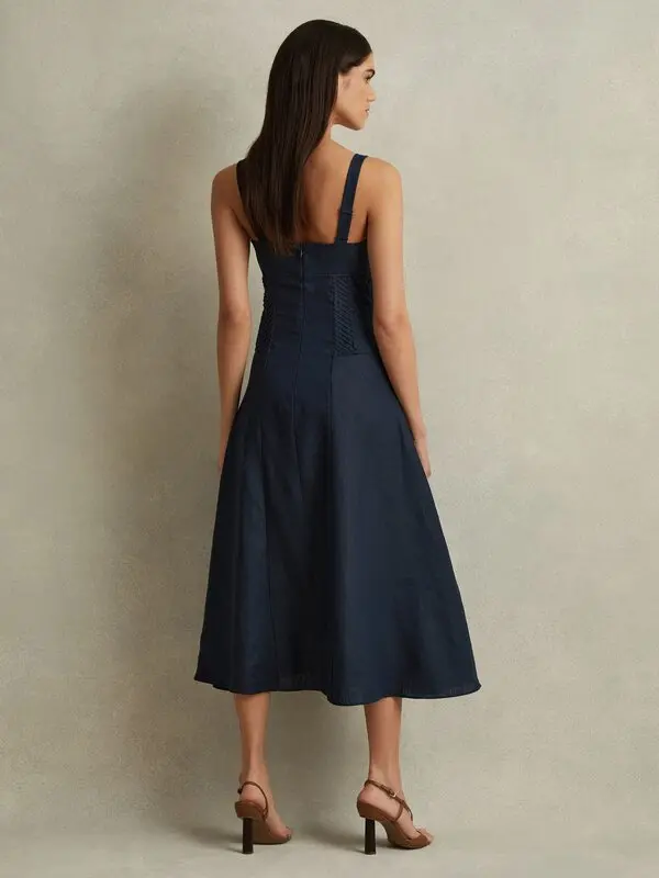 REISS Etta 100% Linen Corset Midi Dress