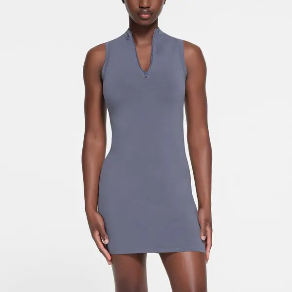 blue textured bridesmaid dresses ZIP MINI DRESS – Mode Mischief Studios main image 1