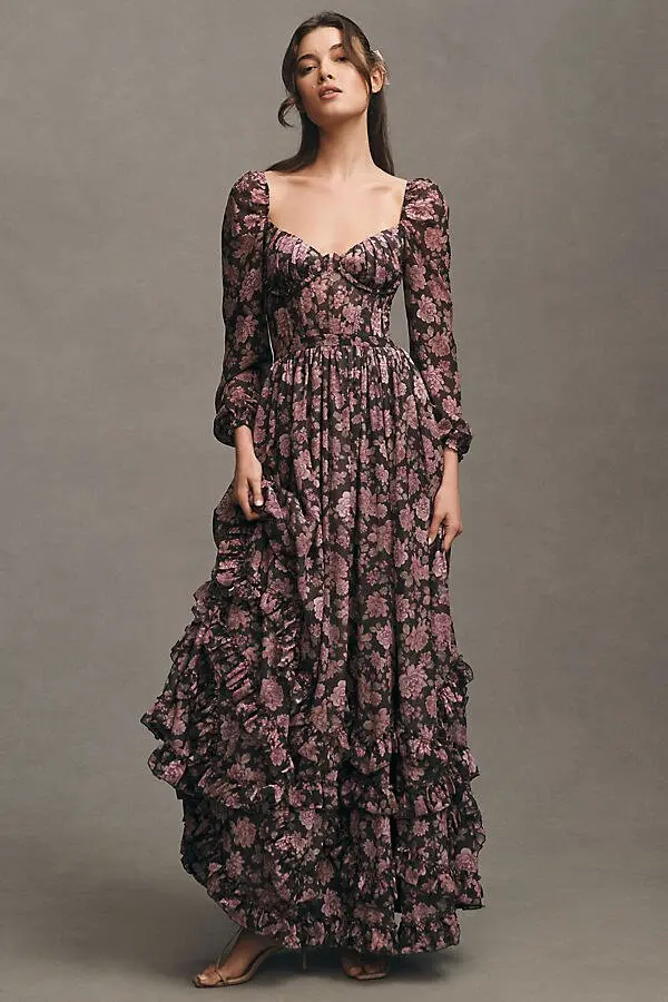 Carmella Long-sleeve Corset Side-slit Chiffon Maxi Dress - Brown