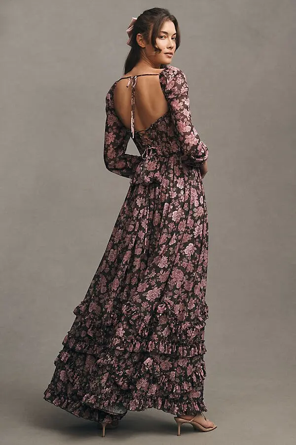 V. Chapman Carmella Long-Sleeve Corset Side-Slit Chiffon Maxi Dress In  Brown - 31% Off | Editorialist