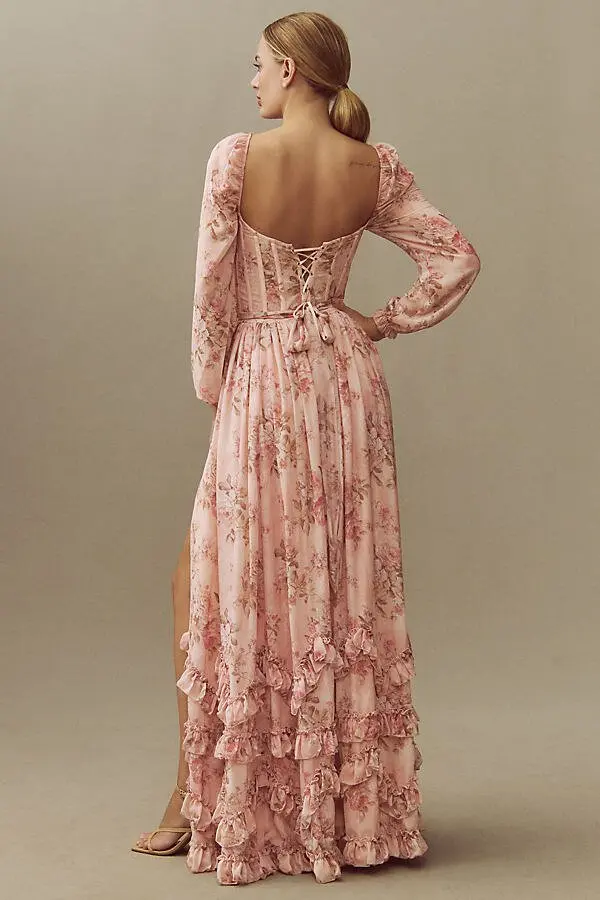 v. chapman carmella long-sleeve corset side-slit chiffon maxi dress V. Chapman Carmella Long-Sleeve Corset Side-Slit Chiffon Maxi Dress
