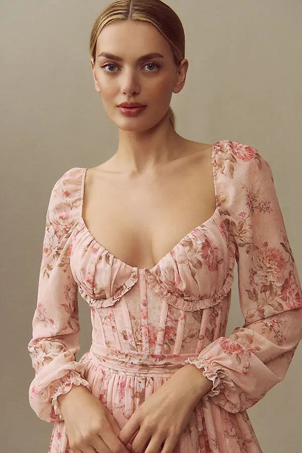 v chapman carmella long sleeve ruffled chiffon maxi dress The Carmella Dress in Blue Tapestry Rose 8 / Blue Tapestry Rose