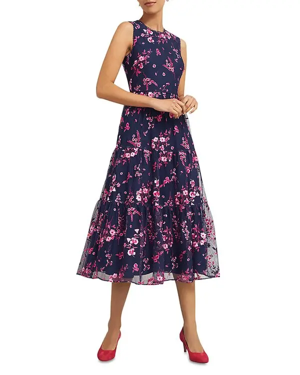 HOBBS LONDON Bethany Floral Embroidered Midi Dress - Navy Pink