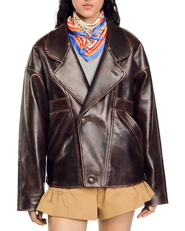 Sandro Clem Leather Jacket - Brown